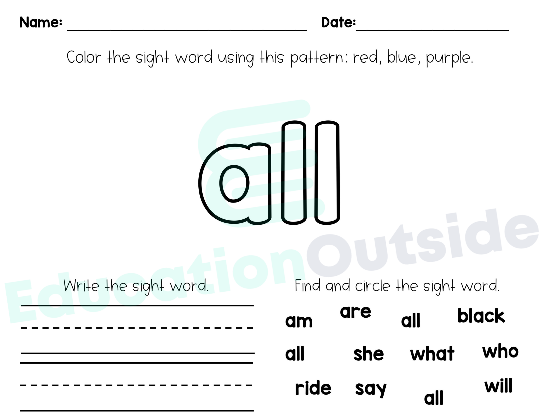 Sight Word Practice Packet (Dolch Primer Words)