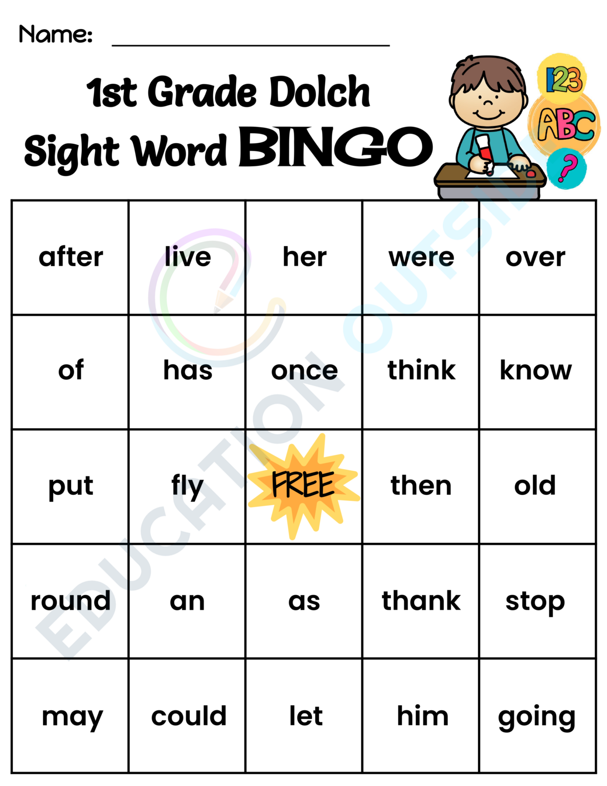 1st Grade Dolch Sight Words Bingo - 8 and 24 Square Grids Included!
