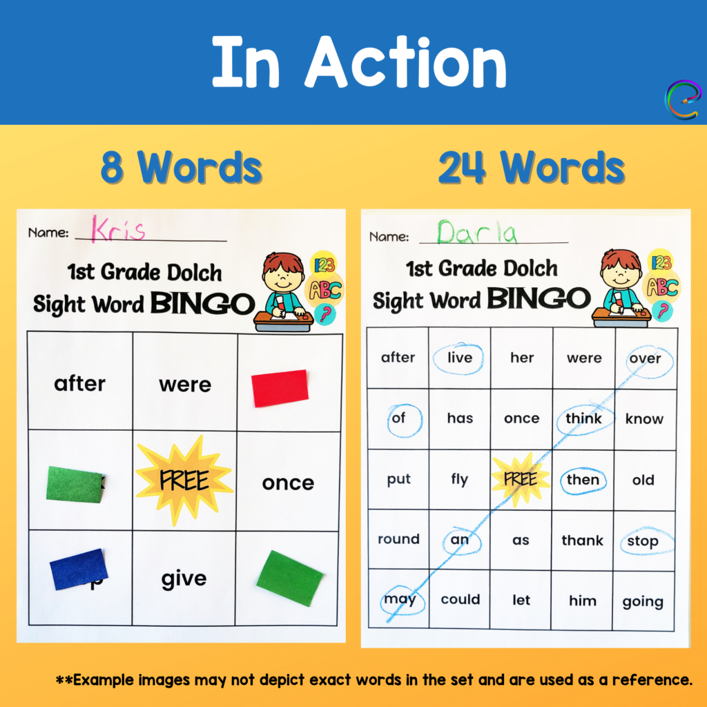 1st Grade Dolch Sight Words Bingo - 8 and 24 Square Grids Included!