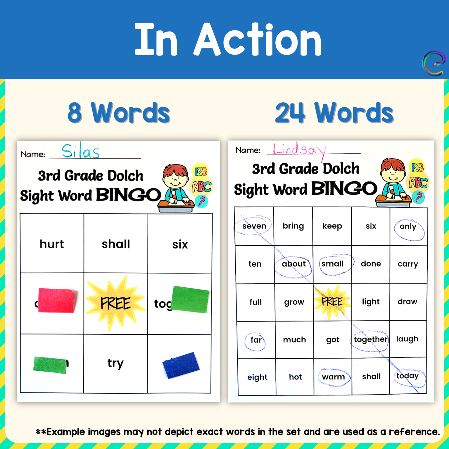 3rd Grade Dolch Sight Words Bingo - 8 and 24 Square Grids Included!