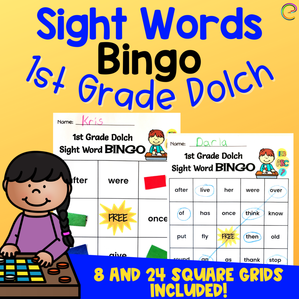 1st Grade Dolch Sight Words Bingo - 8 and 24 Square Grids Included!
