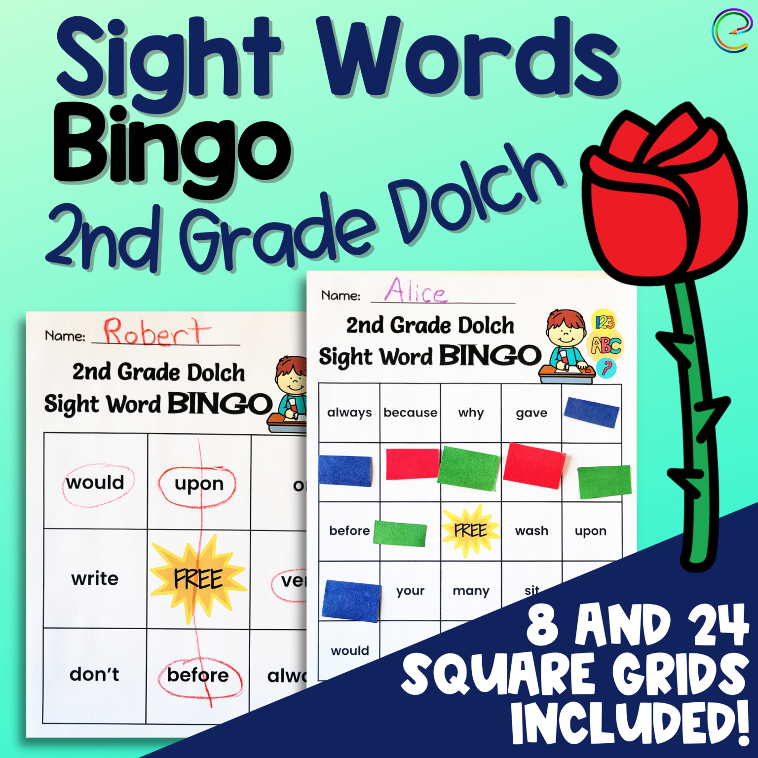 2nd Grade Dolch Sight Words Bingo - 8 and 24 Square Grids Included!