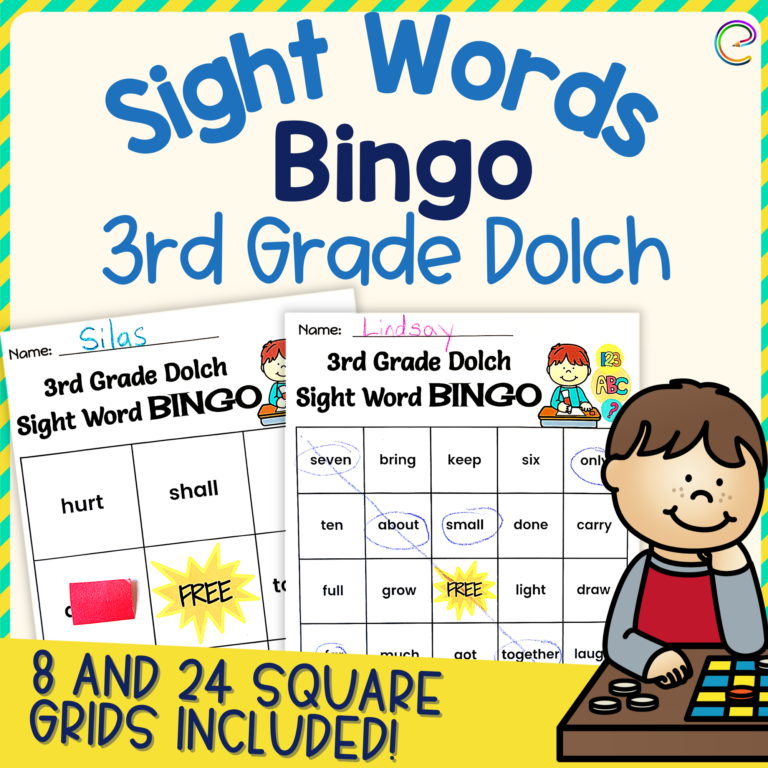 3rd Grade Dolch Sight Words Bingo - 8 and 24 Square Grids Included!