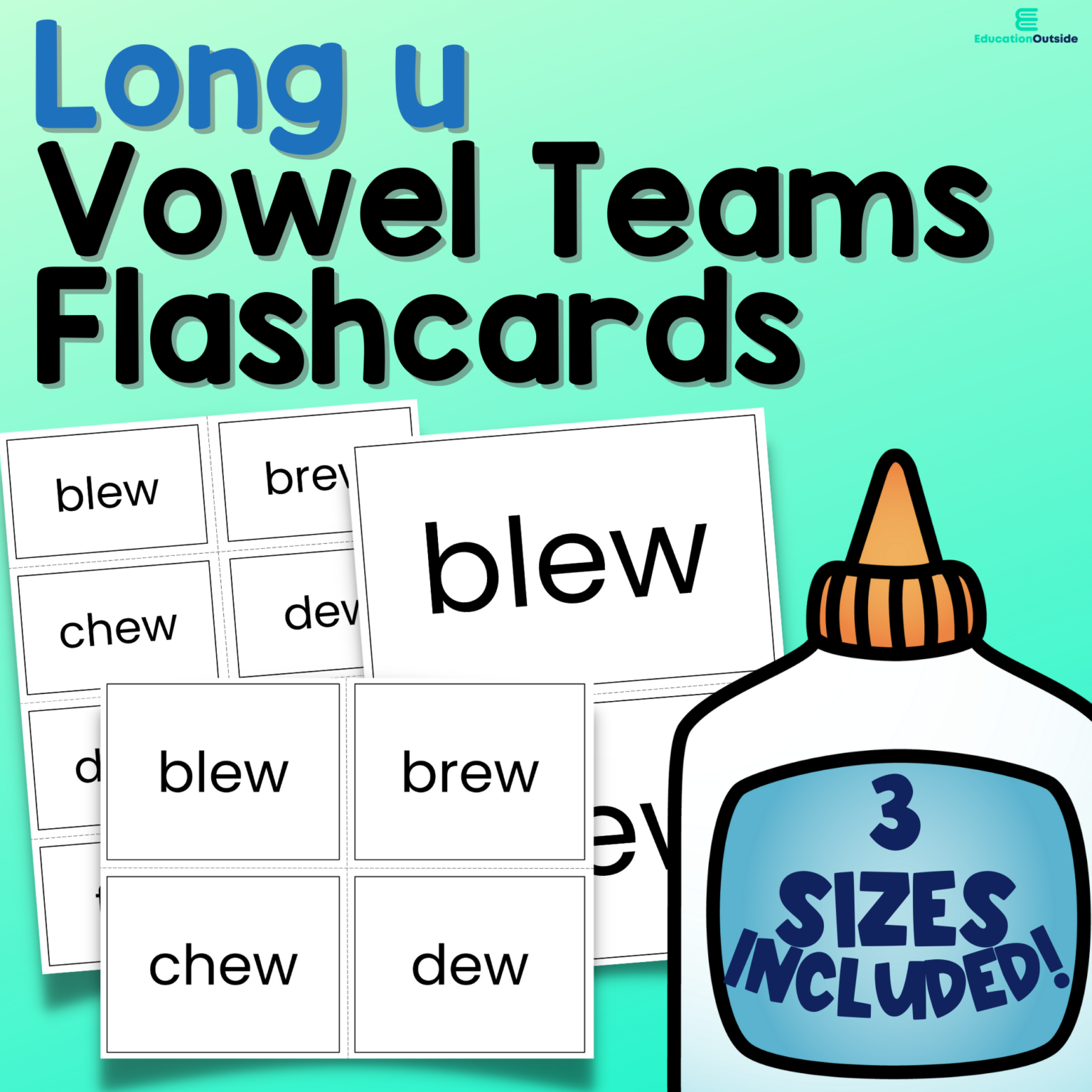 Long u Vowel Teams Flashcards - 3 Sizes Included - No Prep!