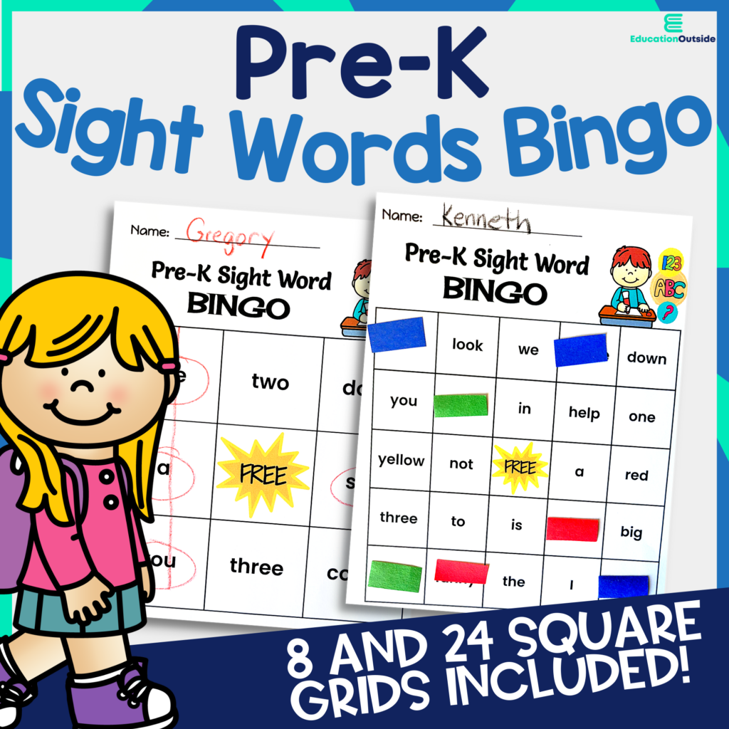 Pre-K Sight Words Bingo - 8 and 24 Square Grids Included!