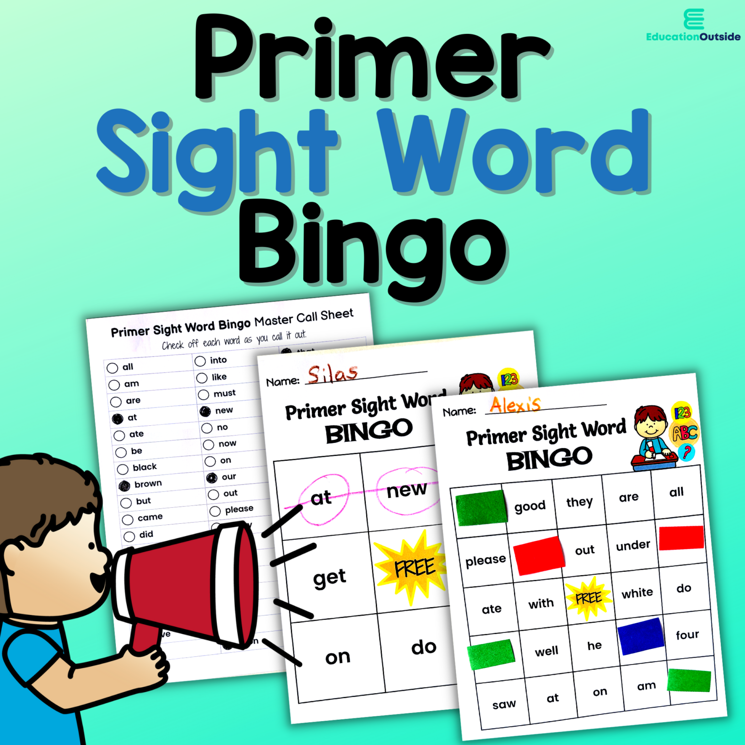 Kindergarten Primer Sight Word Bingo - 8 and 24 Square Grids Included!