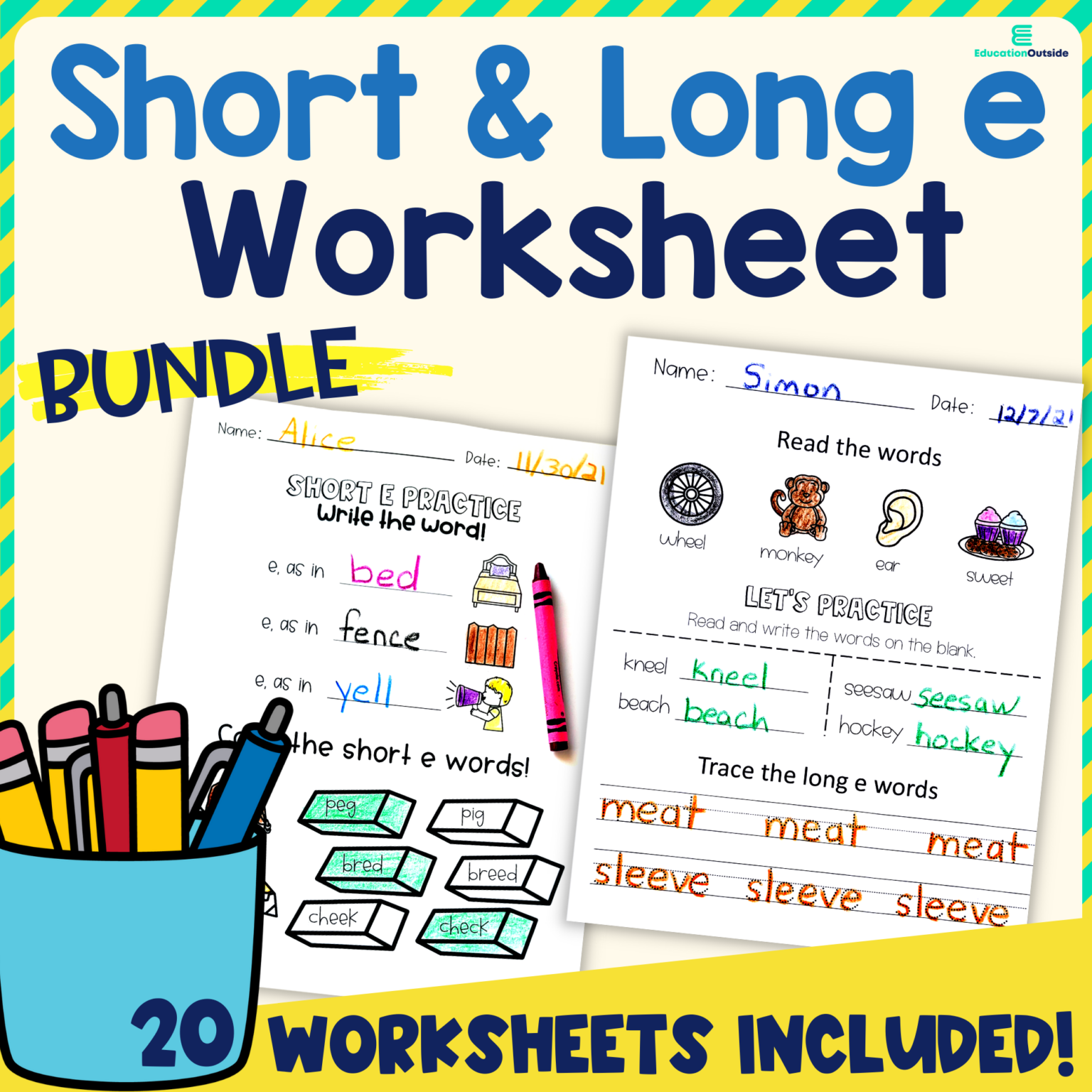 Short & Long e Worksheet Packet - 20 Worksheets Included!