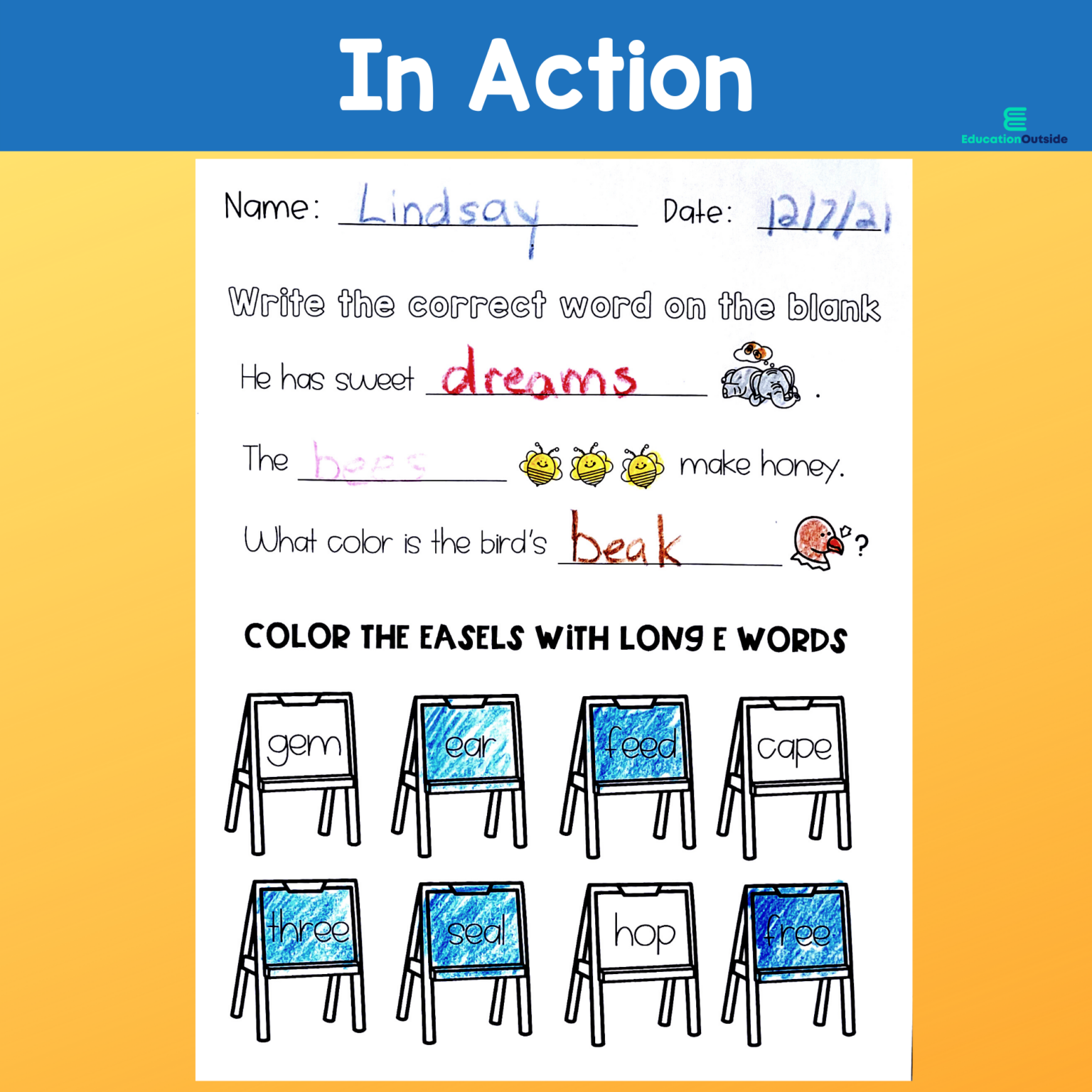 Long e Worksheets - Color and B&W Versions Included!