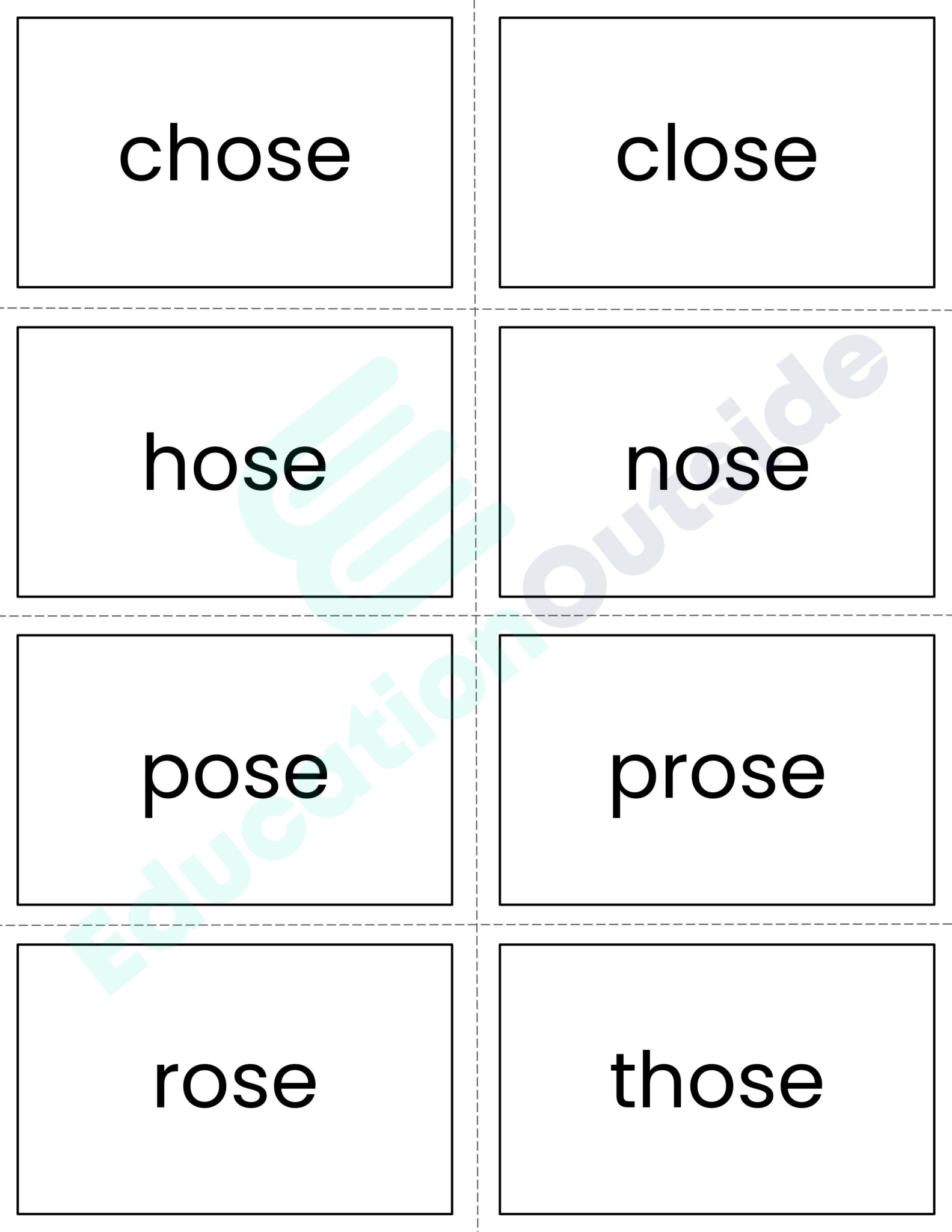 Long o Word Family Flashcards (-ose, -one, -obe, -ome, -ote, -oke, -ole ...