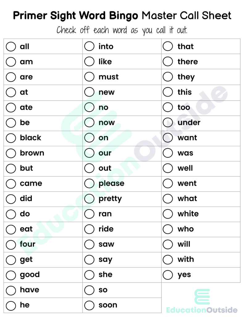 Kindergarten Primer Sight Word Bingo - 8 and 24 Square Grids Included!