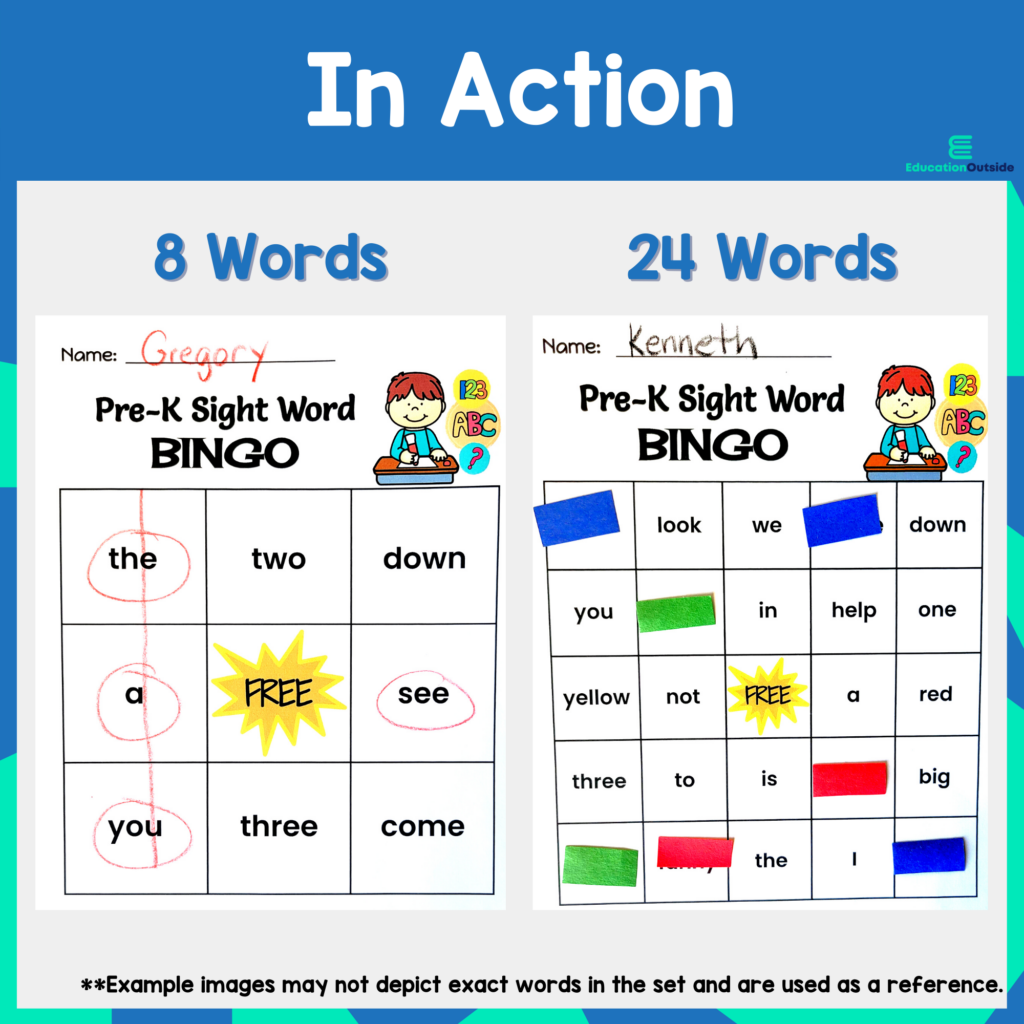Pre-K Sight Words Bingo - 8 and 24 Square Grids Included!