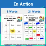 Pre-K Sight Words Bingo - 8 and 24 Square Grids Included!