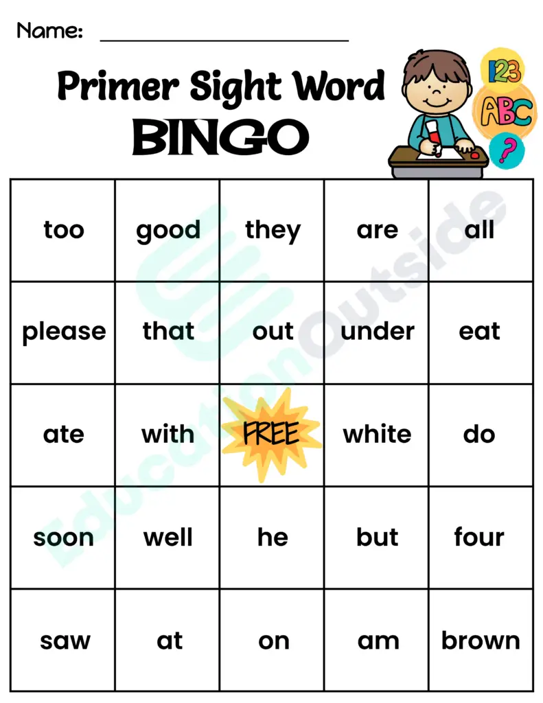 Kindergarten Primer Sight Word Bingo - 8 and 24 Square Grids Included!
