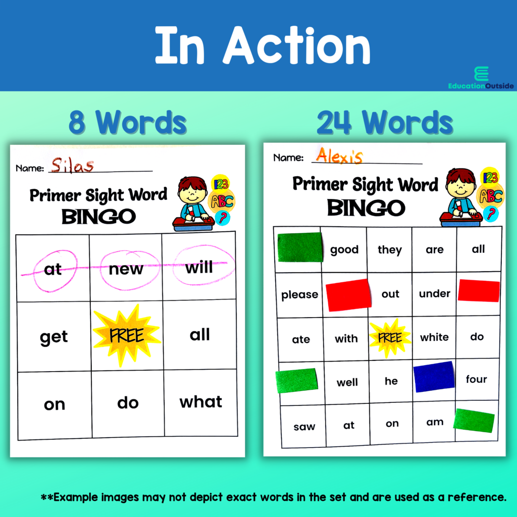 Kindergarten Primer Sight Word Bingo - 8 and 24 Square Grids Included!