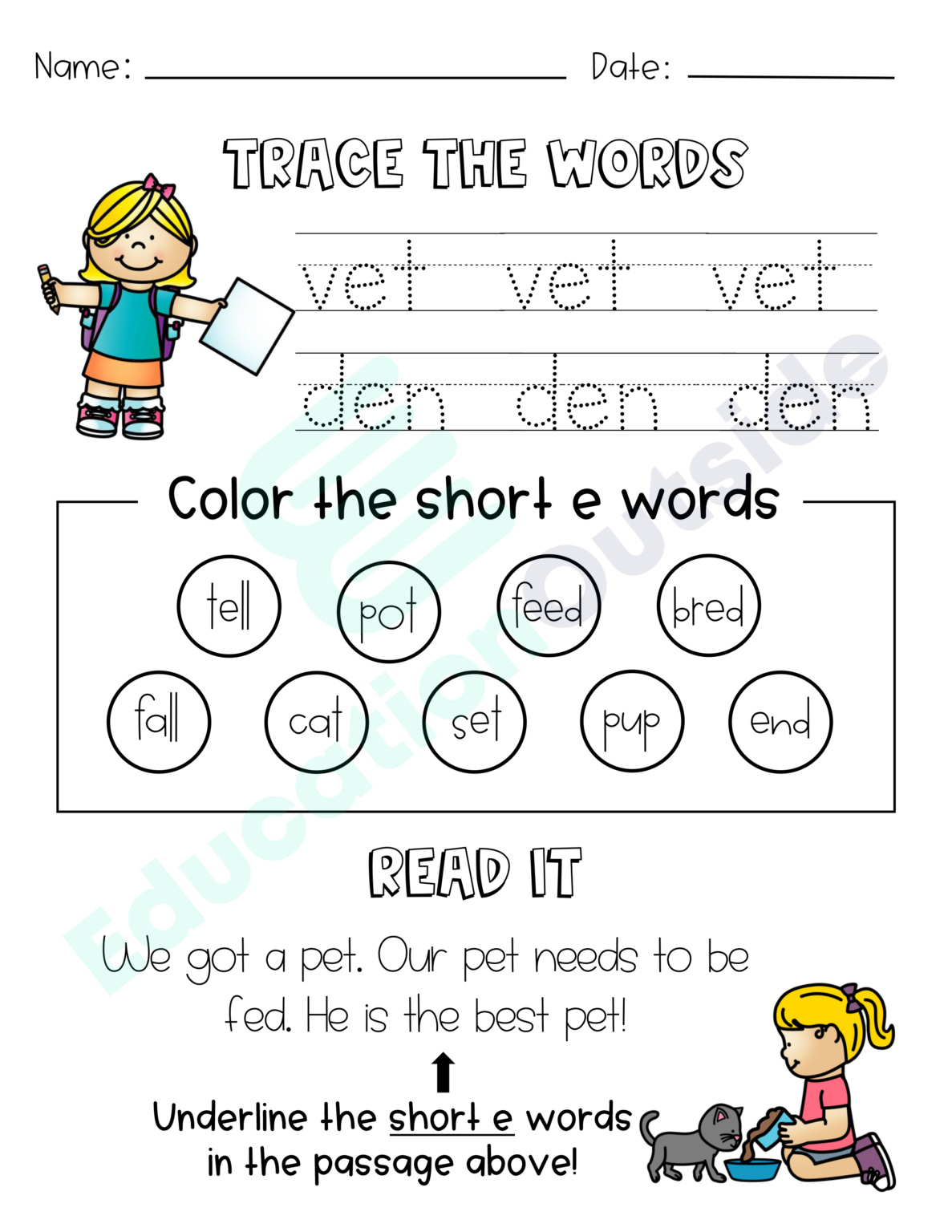 Short Vowel e Worksheets - No Prep - Print and Practice