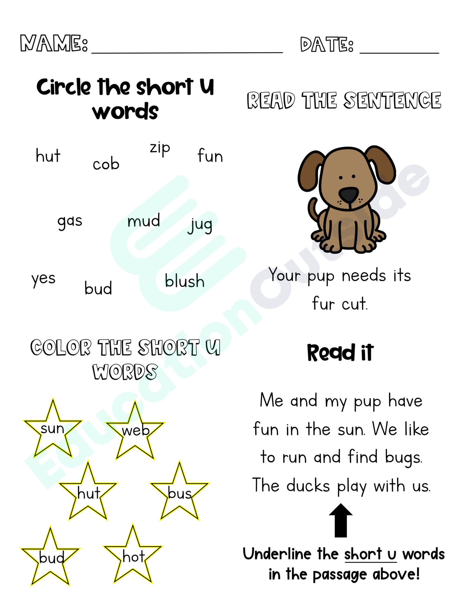 Short Vowel u Worksheets - No Prep - Print and Practice