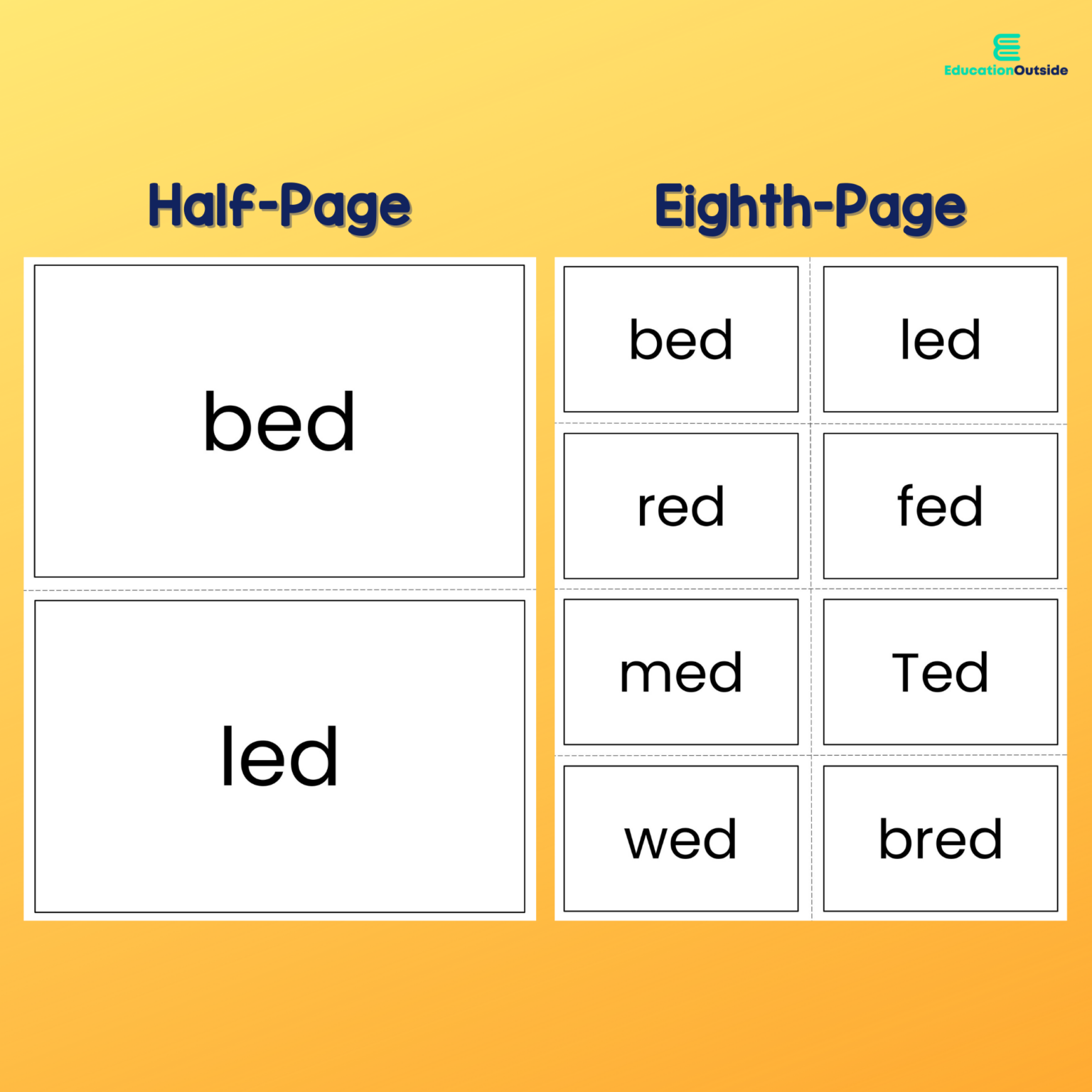 Short e Word Family Flashcards (-ed, -en, -et, -ell, -em, -eg) - 3 ...