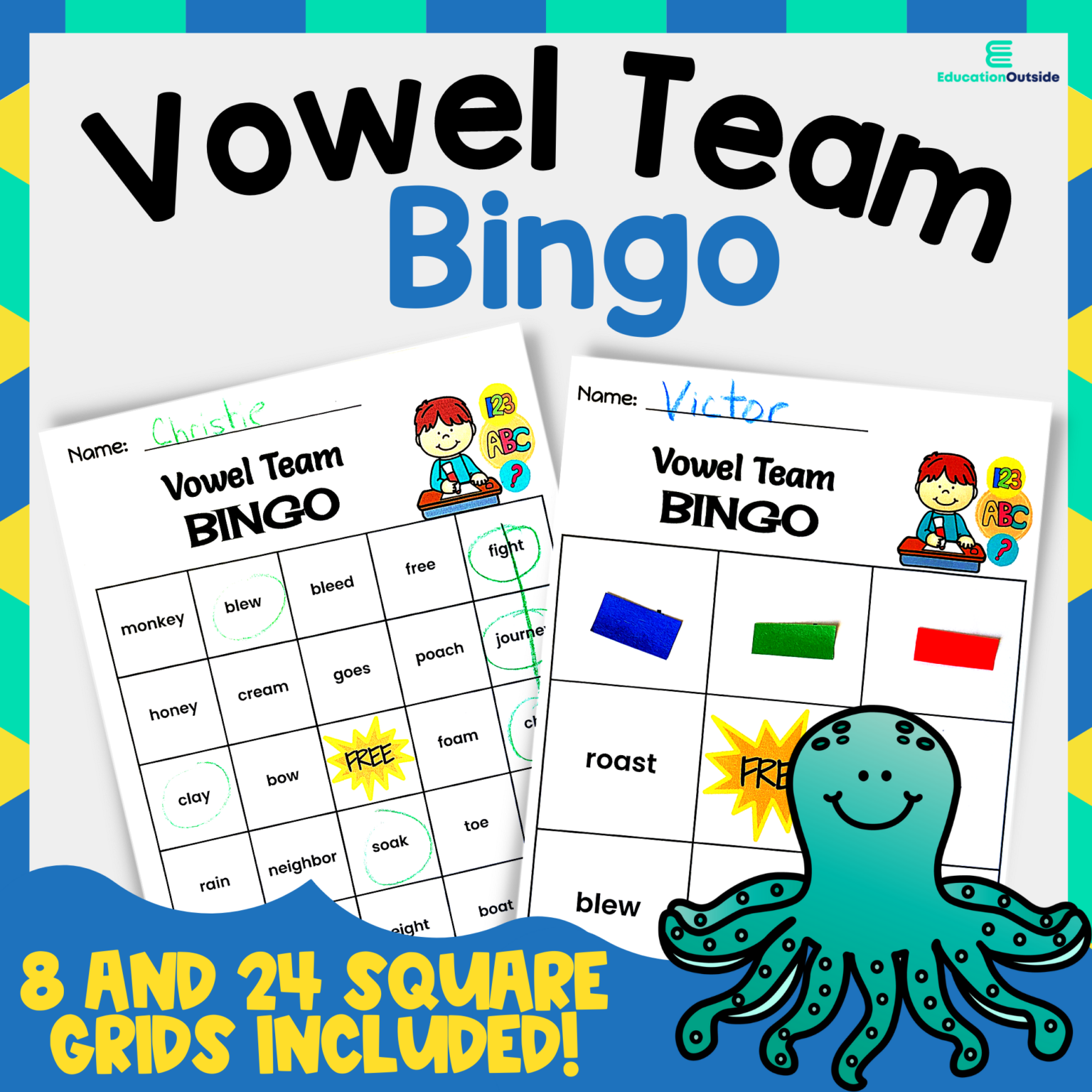 Vowel Team Bingo - 8 and 24 Square Grids Included!