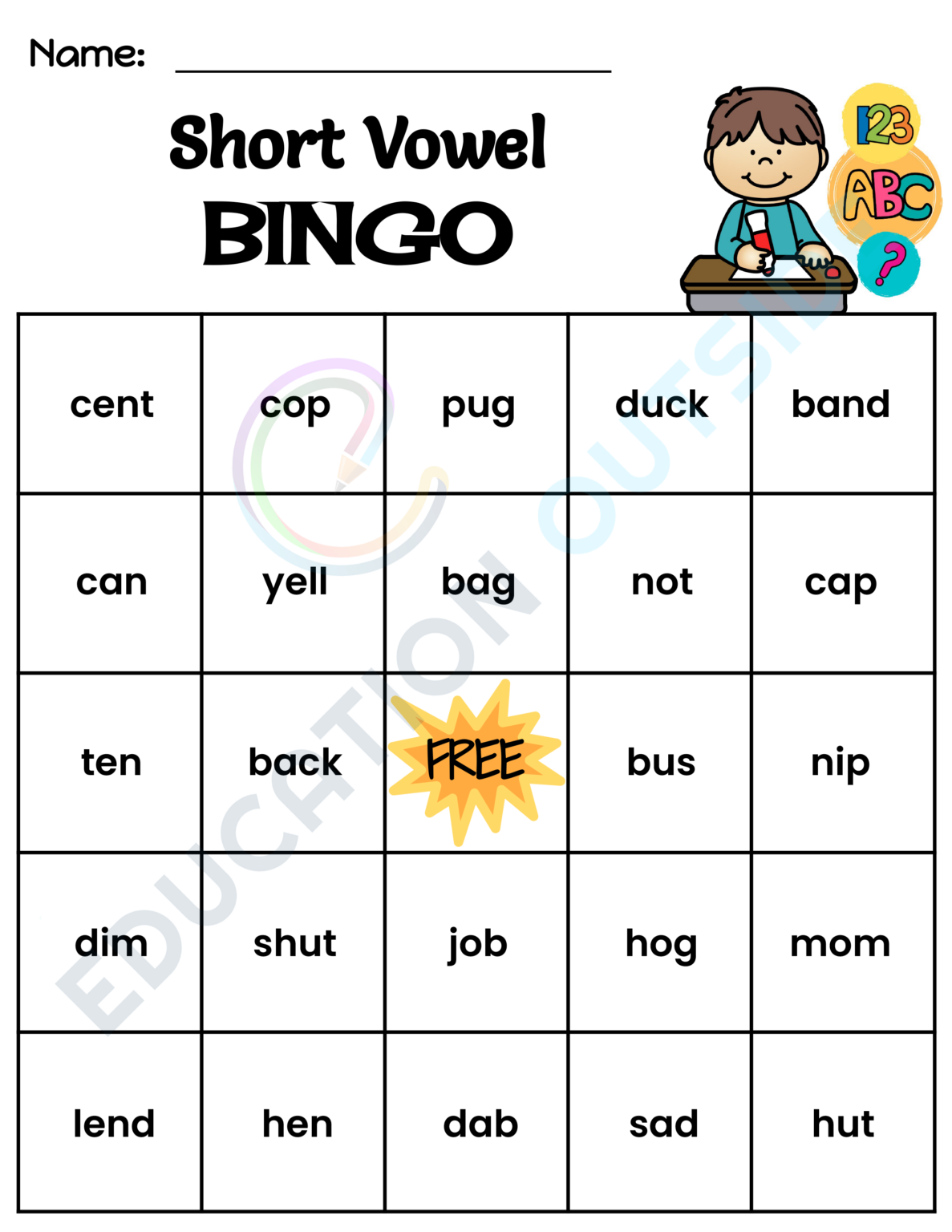 Short Vowel Bingo - 8 and 24 Square Grids Included!