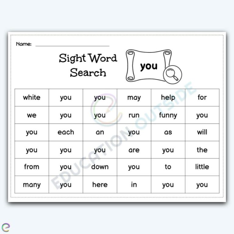 you Sight Word Single Word Search Worksheet