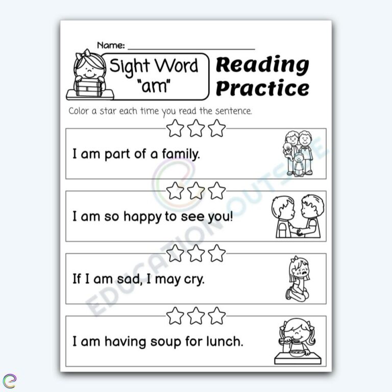 am Sight Word 4 Sentence Reading Practice Worksheet