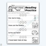 here Sight Word 4 Sentence Reading Practice Worksheet