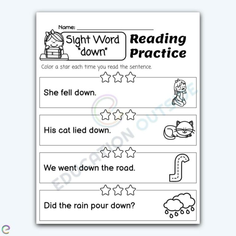 down Sight Word 4 Sentence Reading Practice Worksheet