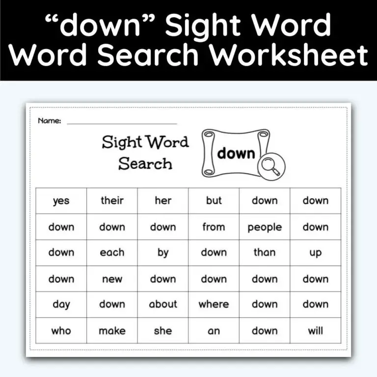 down Sight Word Single Word Search Worksheet