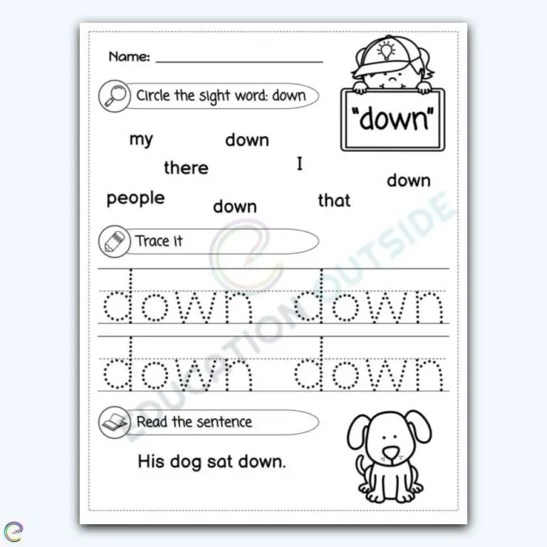 down Sight Word Find, Trace, and Read Activity Page
