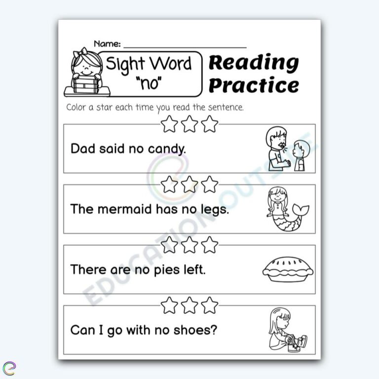 no Sight Word 4 Sentence Reading Practice Worksheet