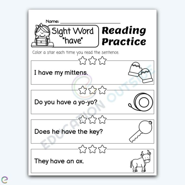 have Sight Word 4 Sentence Reading Practice Worksheet