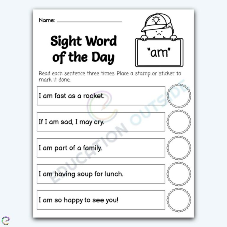 am Sight Word 5 Sentence Word of the Day Reading Practice