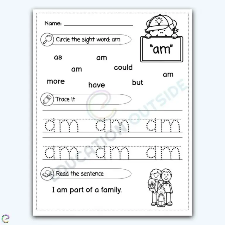 am Sight Word Find, Trace, and Read Activity Page