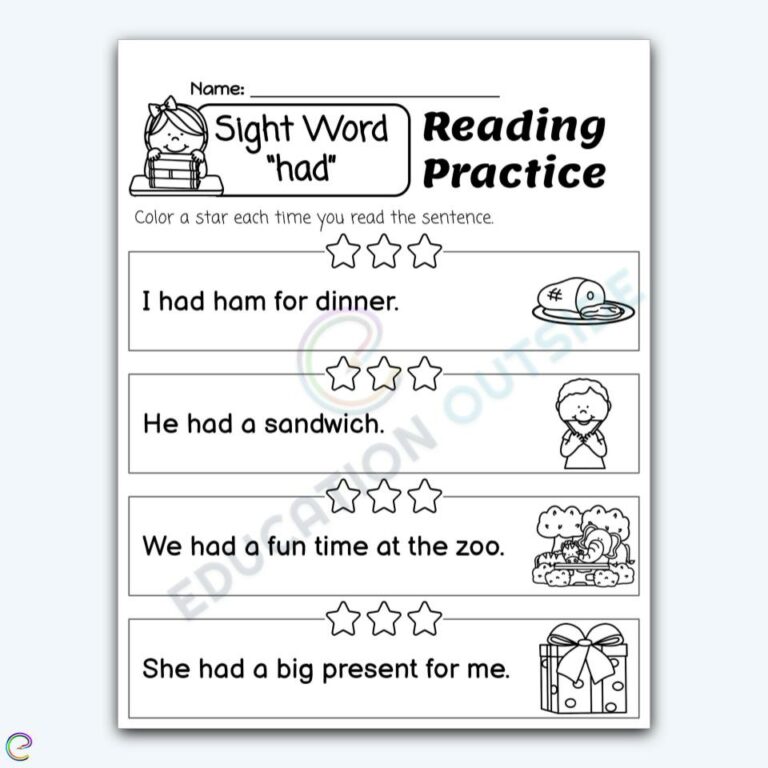 had Sight Word 4 Sentence Reading Practice Worksheet
