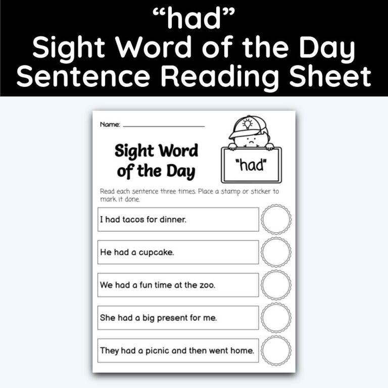 had Sight Word 5 Sentence Word of the Day Reading Practice