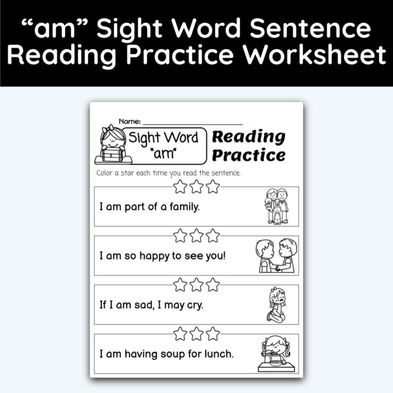 am Sight Word 4 Sentence Reading Practice Worksheet
