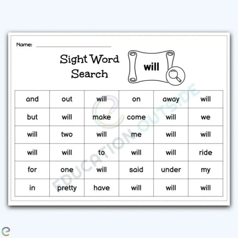 will Sight Word Single Word Search Worksheet