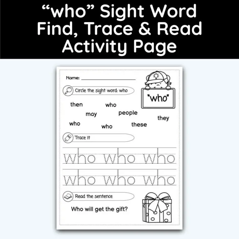 who Sight Word Find, Trace, and Read Activity Page