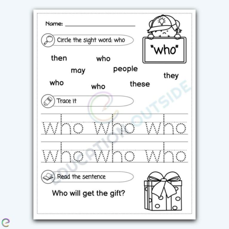 who Sight Word Find, Trace, and Read Activity Page