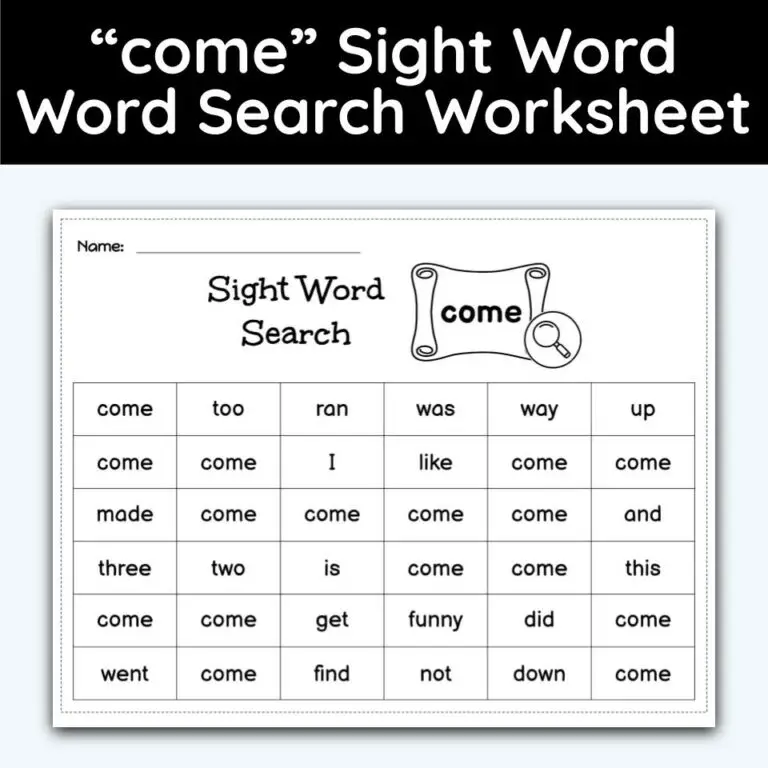 come Sight Word Single Word Search Worksheet