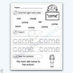 come Sight Word Find, Trace, and Read Activity Page