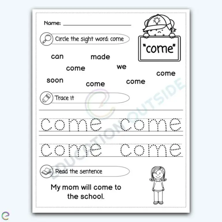 come Sight Word Find, Trace, and Read Activity Page