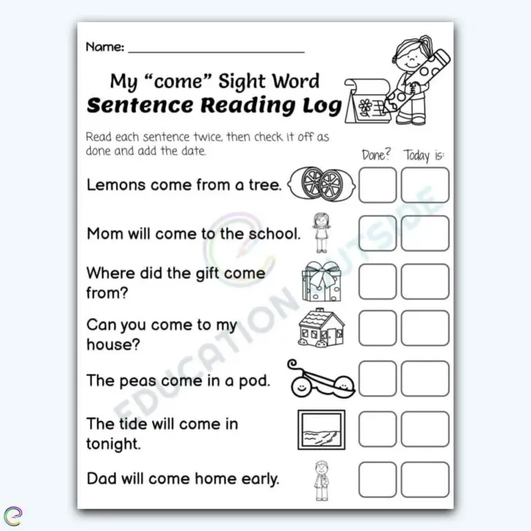 come Sight Word 7 Sentence Reading Practice With Date Mark