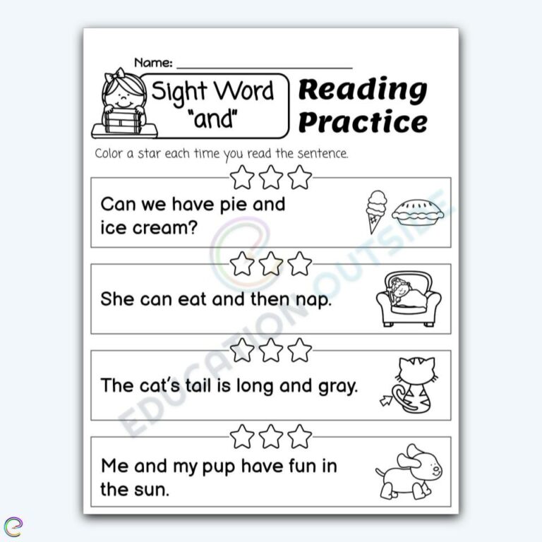 and Sight Word 4 Sentence Reading Practice Worksheet