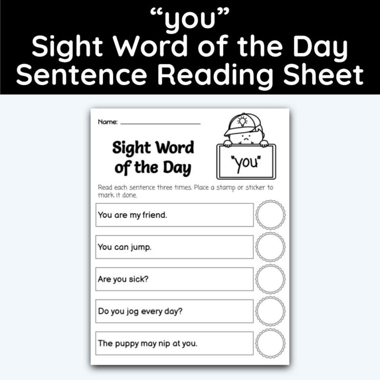 you Sight Word 5 Sentence Word of the Day Reading Practice Worksheet