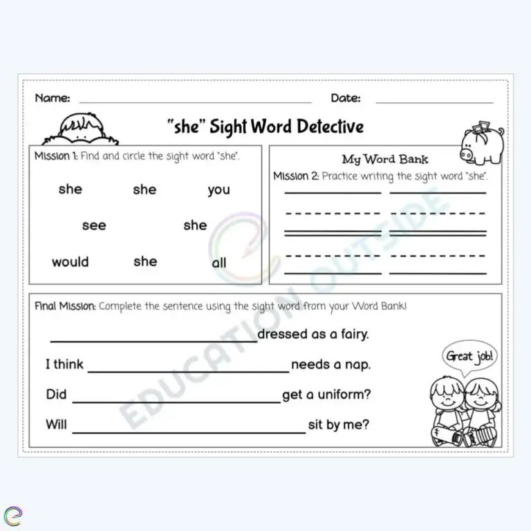 she Sight Word Detective Worksheet