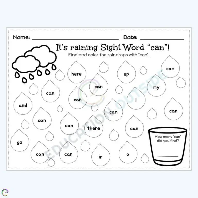 can Sight Word Raindrop Coloring Page