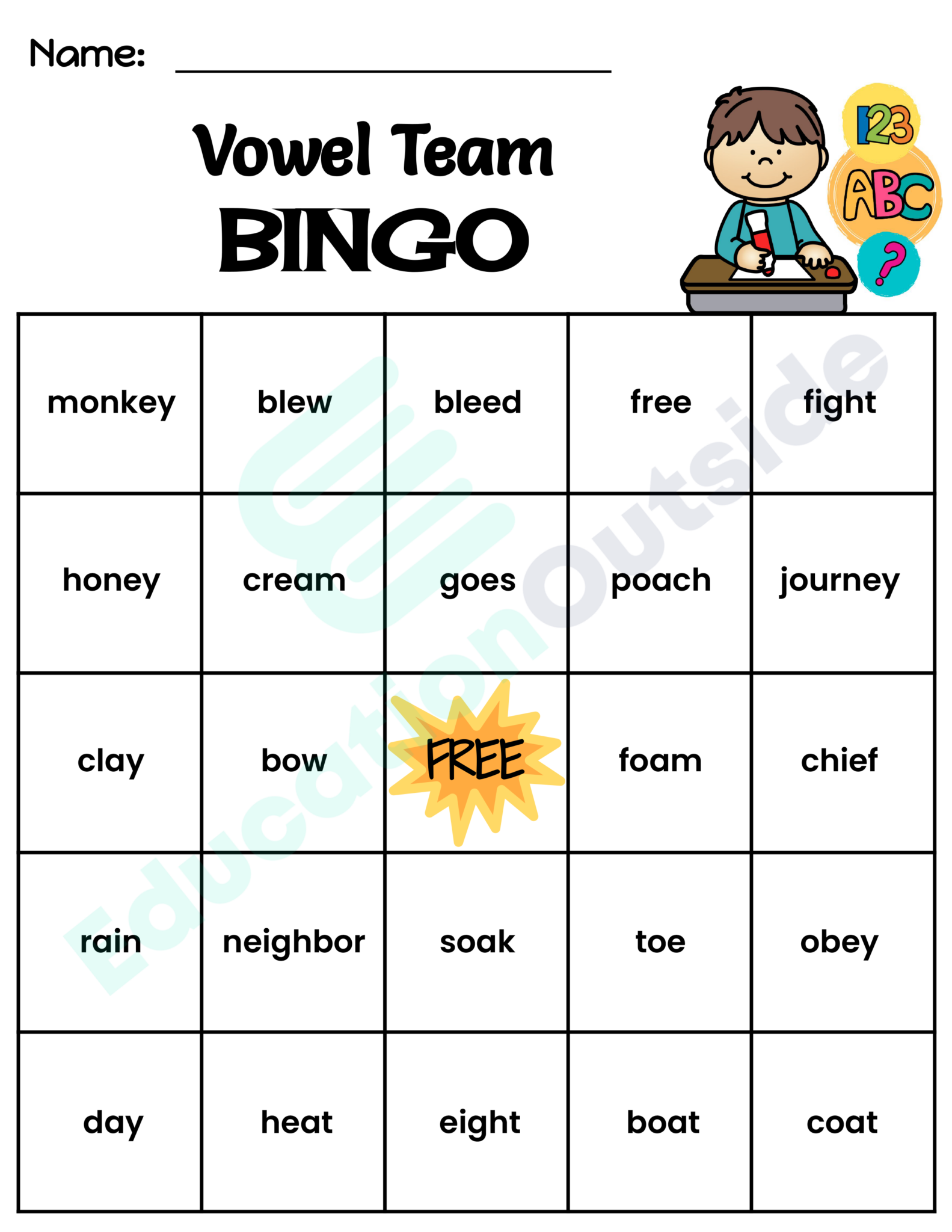 Vowel Team Bingo - 8 and 24 Square Grids Included!