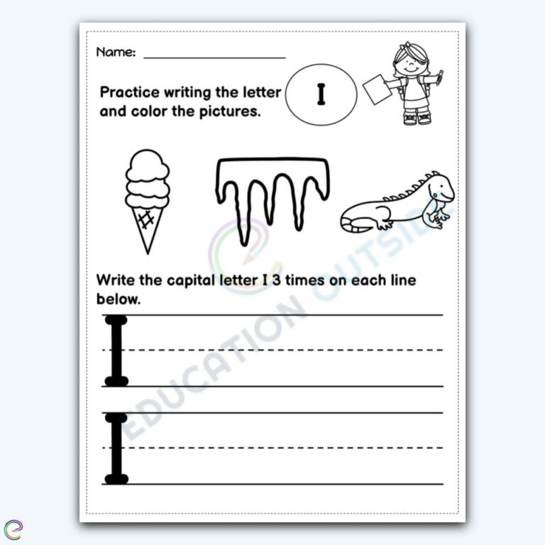 Capital Letter I - Writing Practice + Coloring Page
