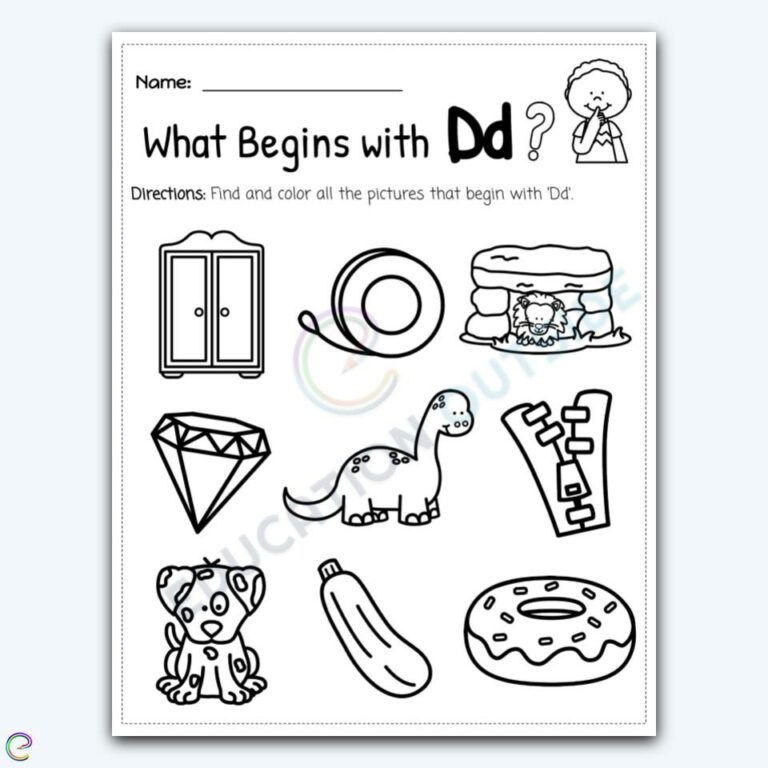 Letter D - Beginning Sound Coloring Page